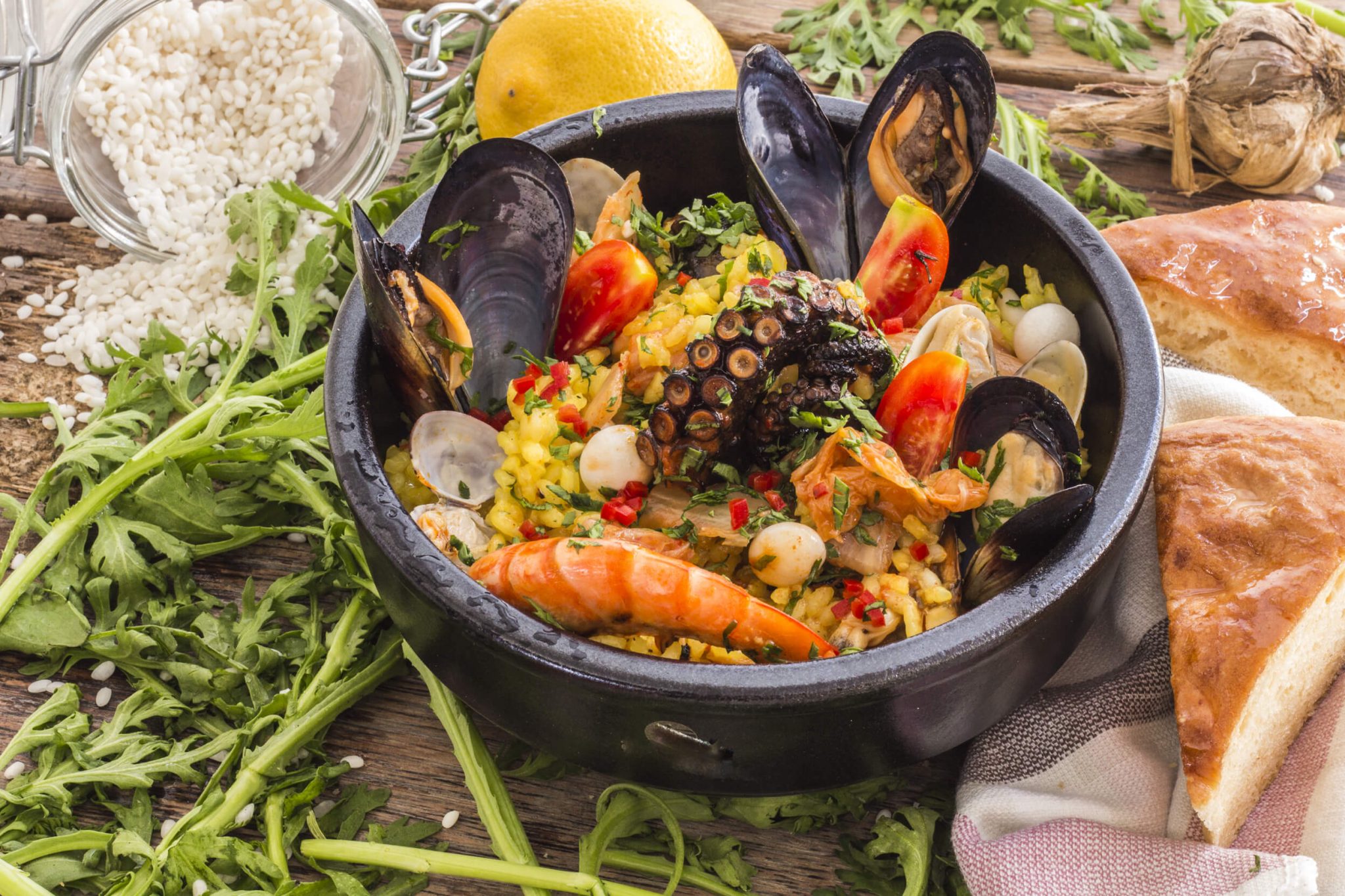 Seafood Risotto mixed with Kimchi and Saffron recipe | Jongga